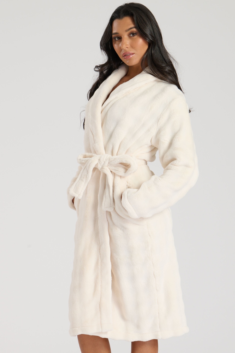 CRC794077 -Cream Bubble Cut Fleece Shawl Robe